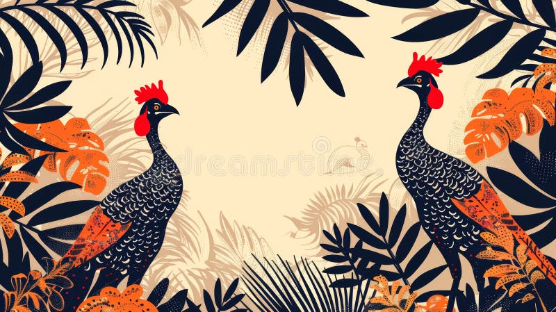 Two Birds with Red Crests Stand in a Tropical Jungle Setting with Large ...