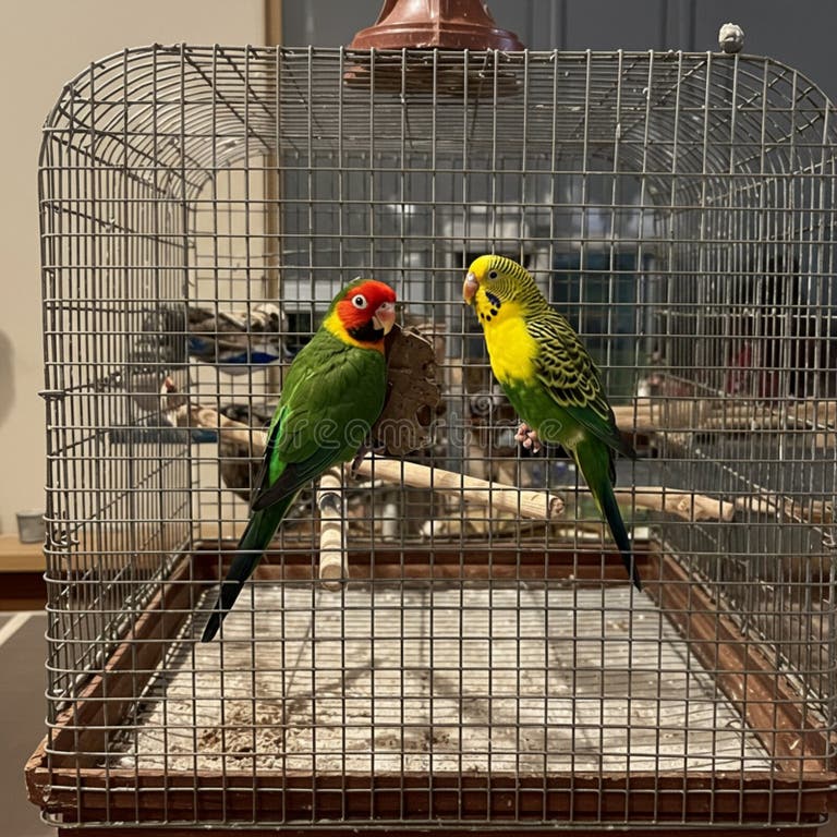 Two Birds Rest Inside a Rectangular Wire Cage. on the Left, a Bird with ...