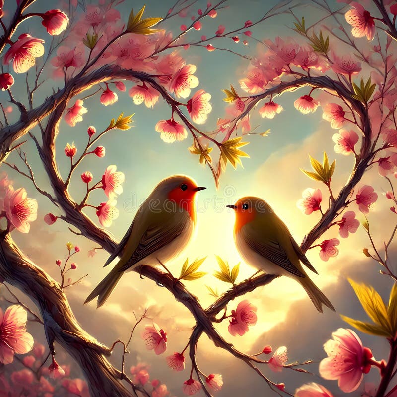 Love birds springtime tree stock illustration. Illustration of ...