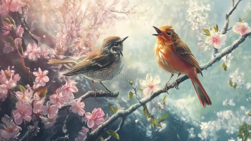 Two Birds Singing Amidst Cherry Blossoms in Spring Stock Illustration ...