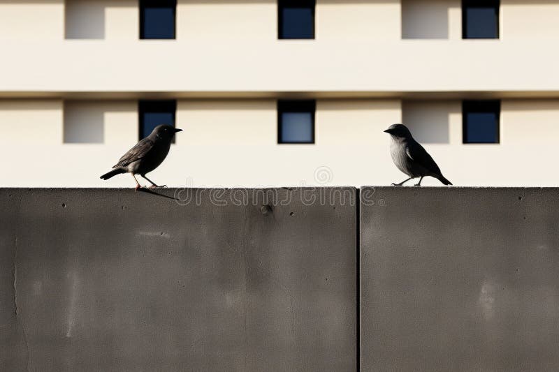 Two Birds Sitting on the Edge of a Wall in Front of a Building Stock ...