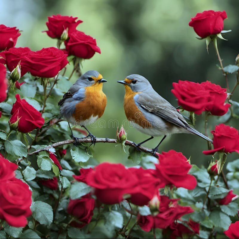 Two Birds Sitting on Top of Red Roses.AI Generated Stock Photo - Image ...