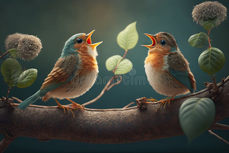 Two Birds Sitting on Tree Branch, Singing in Harmony Stock Image ...