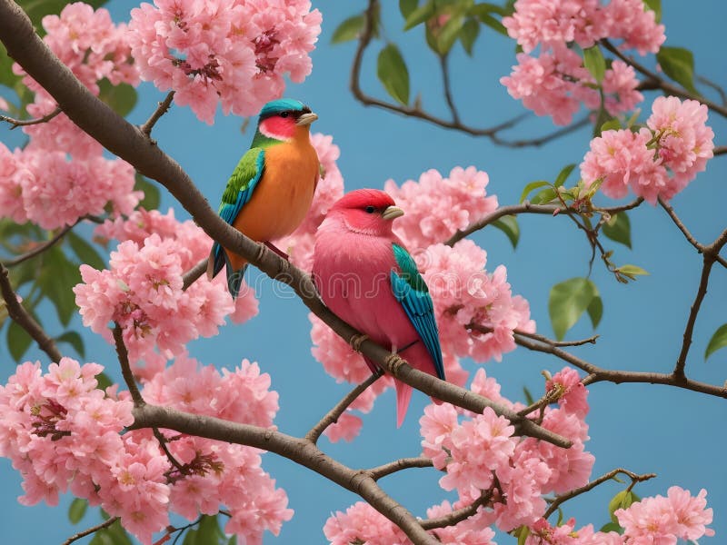 Two Birds are Sitting on a Tree with Pink Flowers Stock Illustration ...