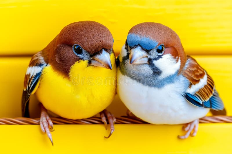 Two Birds Sitting on a Yellow Bench Stock Photo - Image of feathers ...