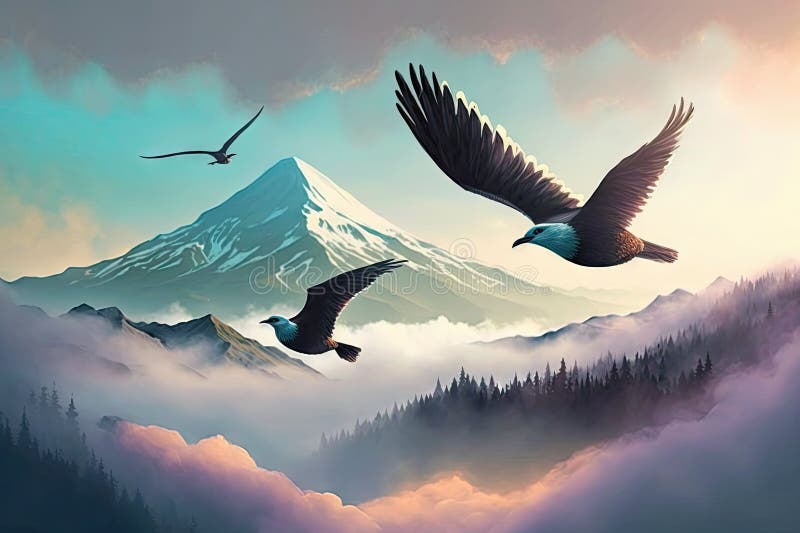 Two Birds Soaring Above the Clouds, with View of Rolling Hills and Mountains Stock Illustration ...
