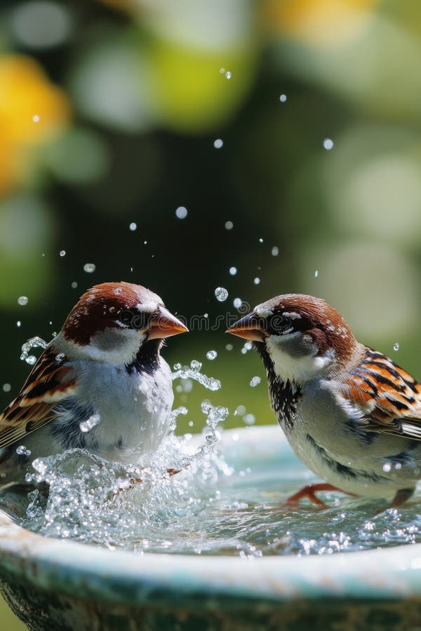 Two Birds are Splashing in a Bird Bath Stock Image - Image of cute ...