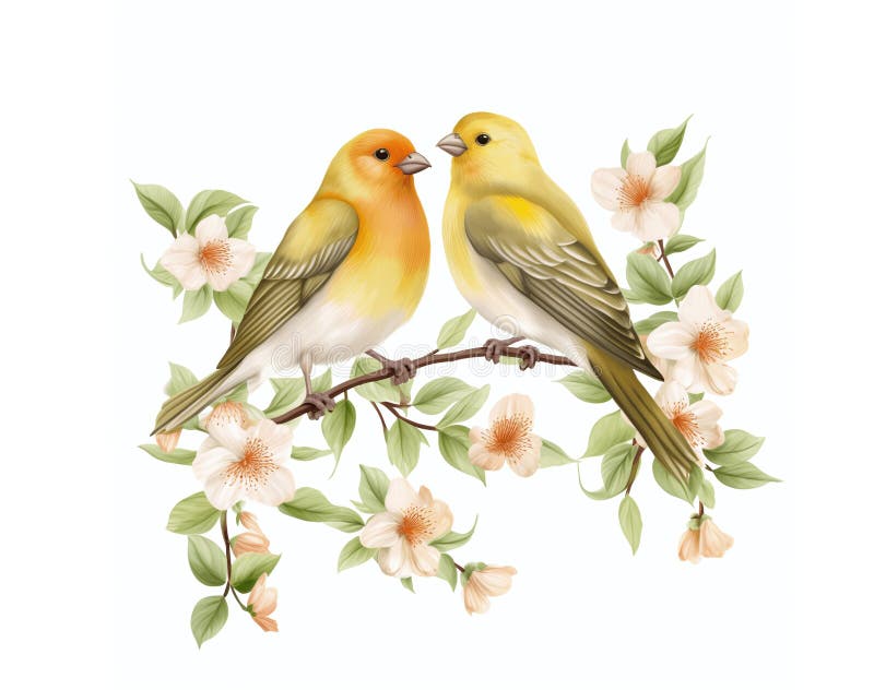Two Birds on a Spring Branch with Leaves and Flowers on a White ...