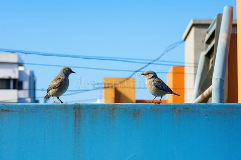 Two Birds Standing on Top of a Blue Wall Stock Illustration ...