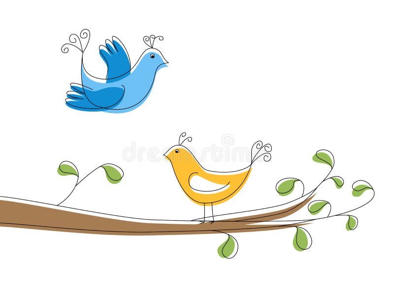 Two Birds on the Tree Branch Stock Illustration - Illustration of ...