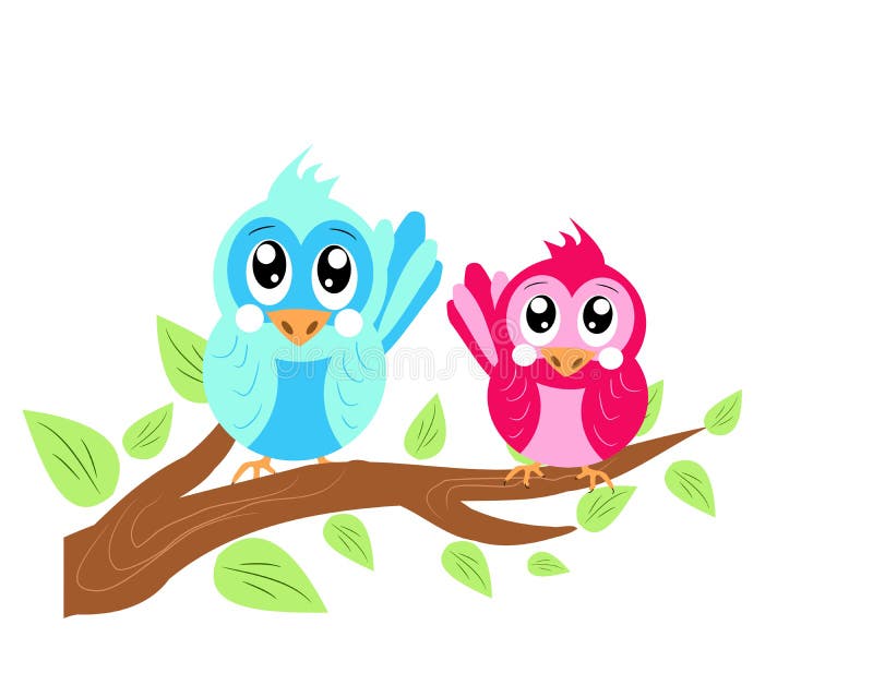 Two birds on twig of tree stock illustration. Illustration of happy ...