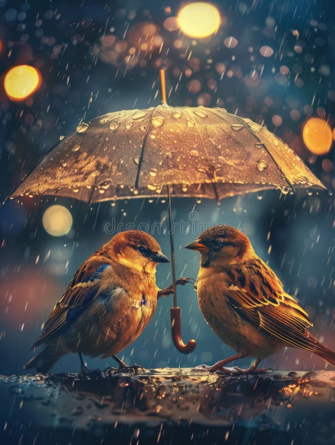 Two Birds Under an Umbrella in the Rain Stock Photo - Image of couple ...