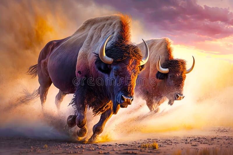 Two Bison Chasing Each Other in Desert Area with Sunset in the ...