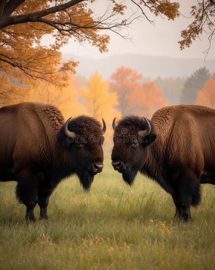 Two Bison Face Toward One Another Atop a Verdant Field Backdrop ...