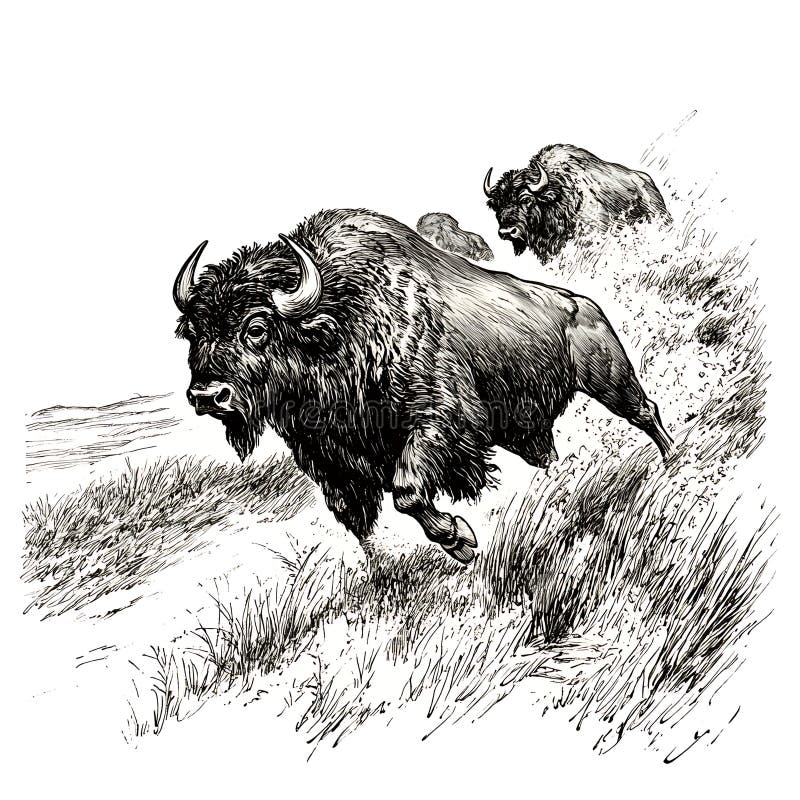 Two Bison Running Across Grassy Plains, Monochrome Illustration Stock ...