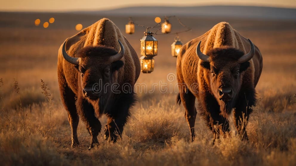 Majestic Bison Couple at Sunset with Lanterns Stock Illustration ...