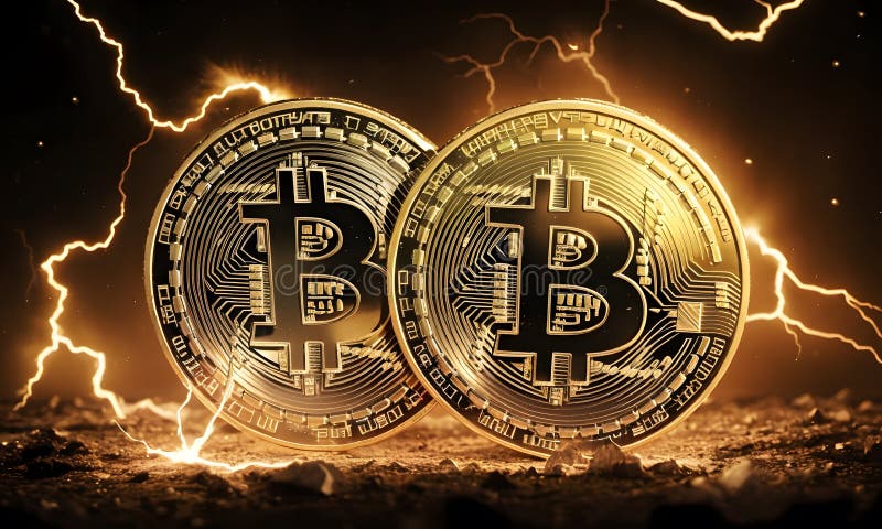 Two Bitcoin Coins Displayed with Lightning in the Background Stock ...