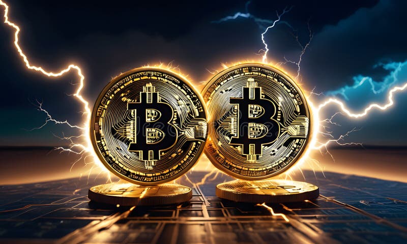 Two Bitcoin Coins Stacked on a Sky Backdrop with Lightning Stock Image ...