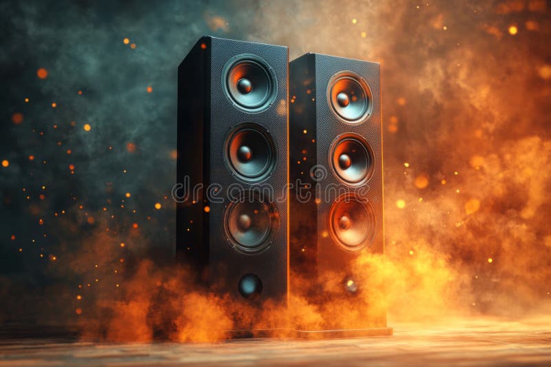 Two Black Audio Speakers Standing on Stage Surrounded by Smoke and Fire ...
