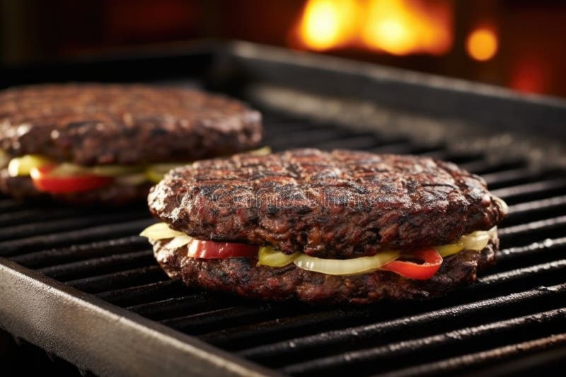 Two Black Bean Burger Patties Mid-flip on a Griddle Stock Illustration ...