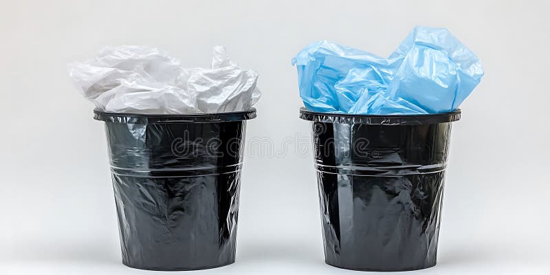 Two Black Bins with Crumpled White and Light Blue Trash Bags Inside ...