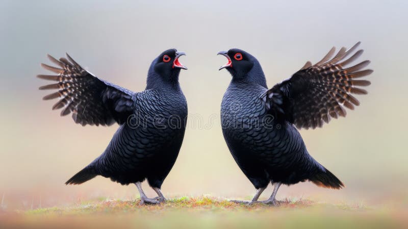 Two Black Birds with Red Eyes Standing on Top of a Grassy Field, AI ...