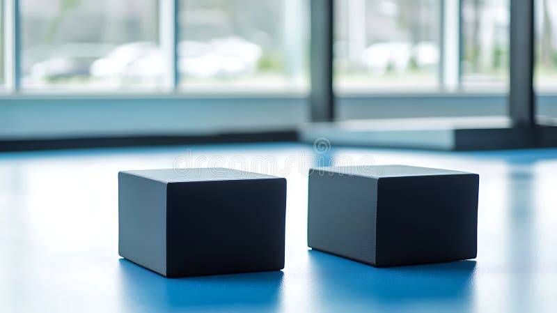 Two Black Boxes are on a Blue Floor Stock Photo - Image of show, empty ...