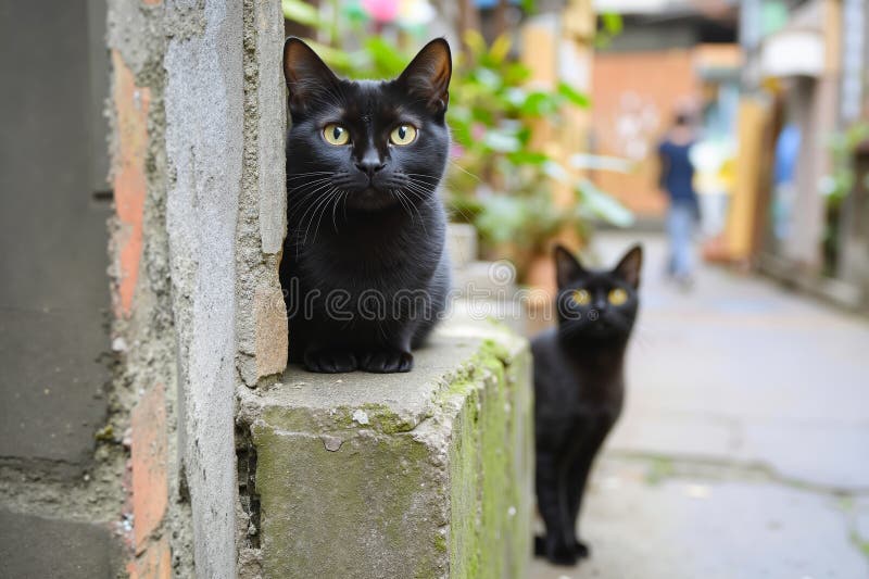 A Couple of Black Cats Sitting on Top of a Brick Wall Stock Photo ...