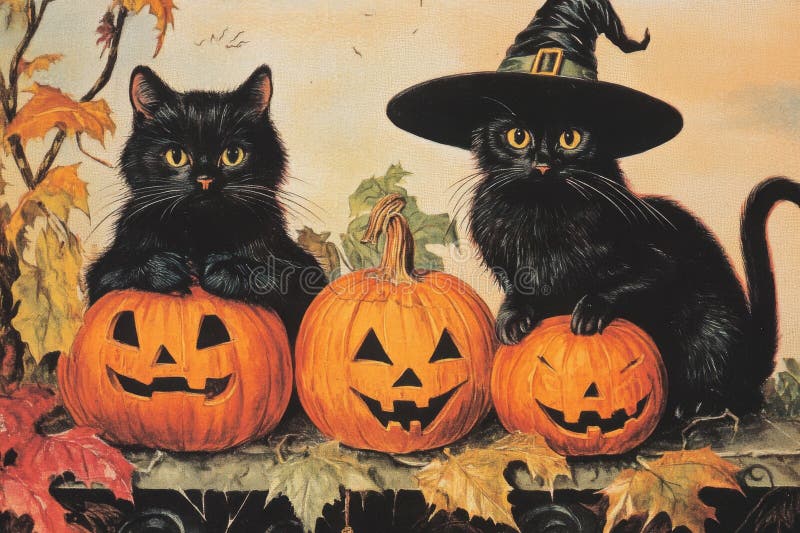 Two Black Cats with Witch Hat and Jack-o -Lanterns Stock Illustration ...