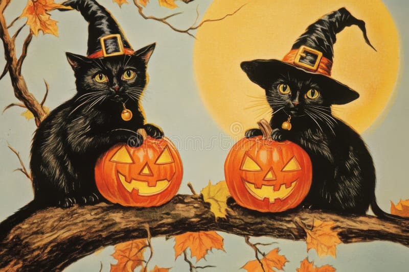 Two Black Cats in Witch Hats Holding Jack-O-Lanterns on a Branch Stock ...