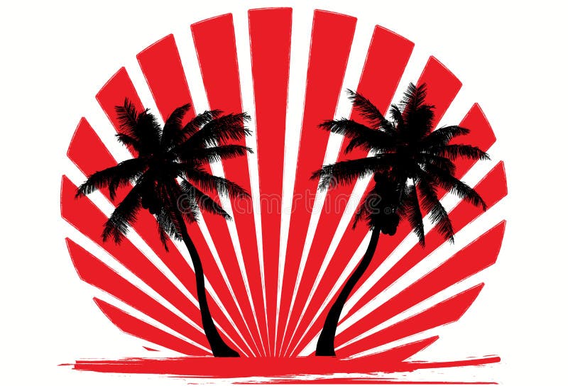 Two Black Coconut Trees and Red Rays in a Circle Stock Vector ...