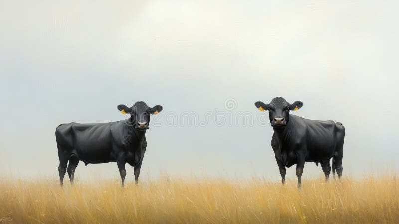 Two Black Cows Stand Side by Side in a Field of Tall Grass Looking ...