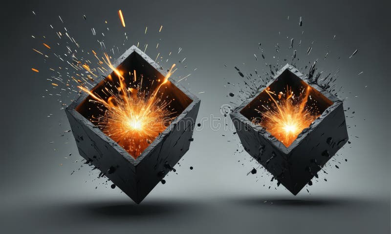 Two Black Cubes with Orange Sparks Burst from Their Centers, Creating ...