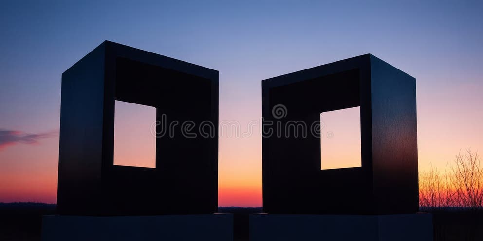 Two Black Cubes with Windows on Them Sit on a Hillside at Sunset Stock ...