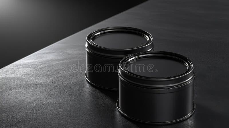 Two Black Cylindrical Metal Containers on Dark Reflective Surface Close ...