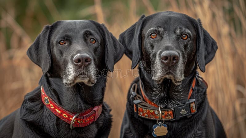 Two Black Dogs with Collars Standing Next To Each Other, AI Stock Image ...