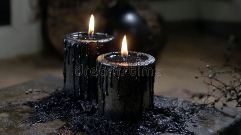 Two Black Dripping Candles in Low Light Stock Illustration ...