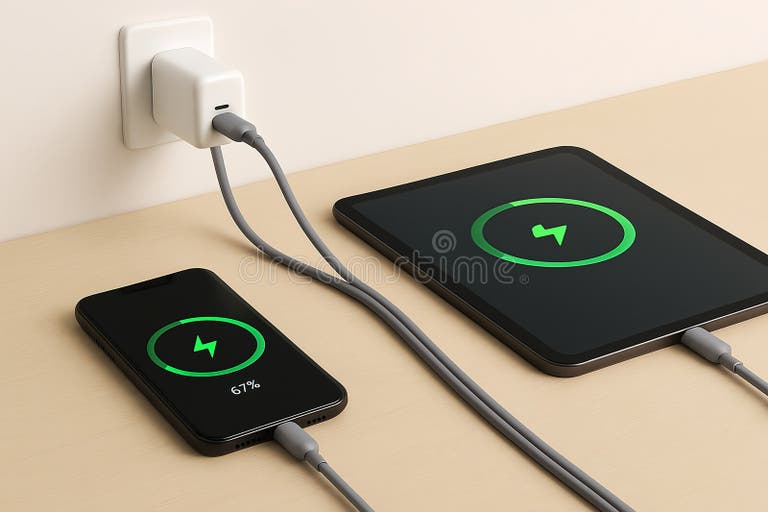 Two Black Electronic Devices, a Smartphone and a Tablet, are Charging ...