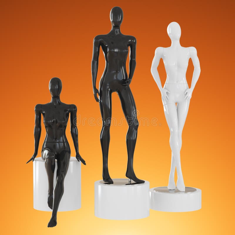 Two Black Female Abstract Mannequins and One White on an Orange ...