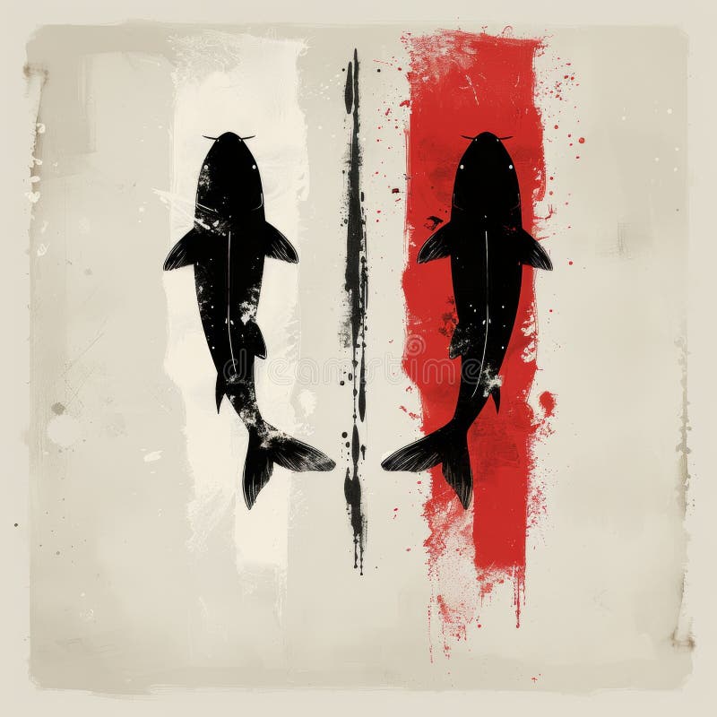 Two Black Fish Facing Each Other on White and Red Background Stock ...