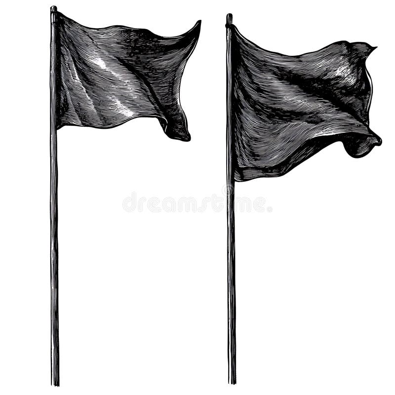 Two Black Flags Waving on Poles, Sketched Illustration Stock ...