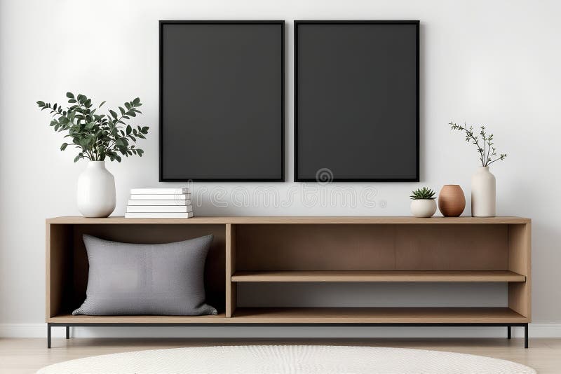 Two Black Frame Mockups Above Modern Media Console Stock Illustration ...