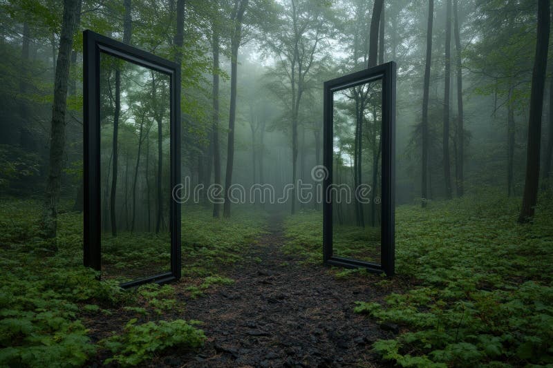 Two Black-framed Mirrors Stand on a Forest Path, Surrounded by Lush ...