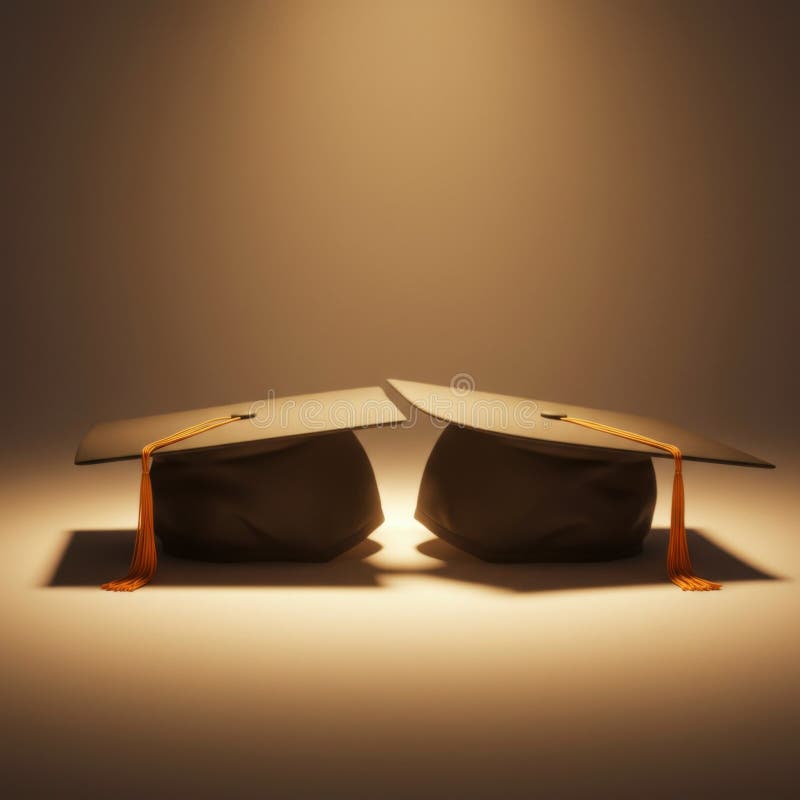 Two Black Graduation Caps with Gold Tassels on Beige Surface Stock ...
