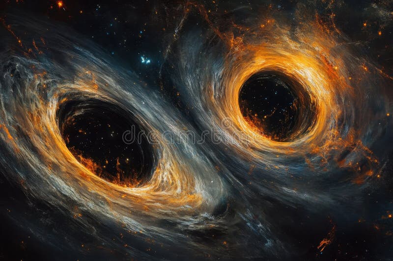 Two Black Holes Swirling in a Cosmic Dance Surrounded by Glowing ...