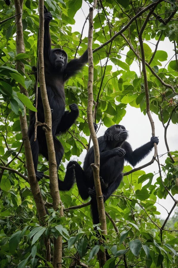 Two Black Monkeys Sitting on Tree Branches in Lush Green Forest Stock ...