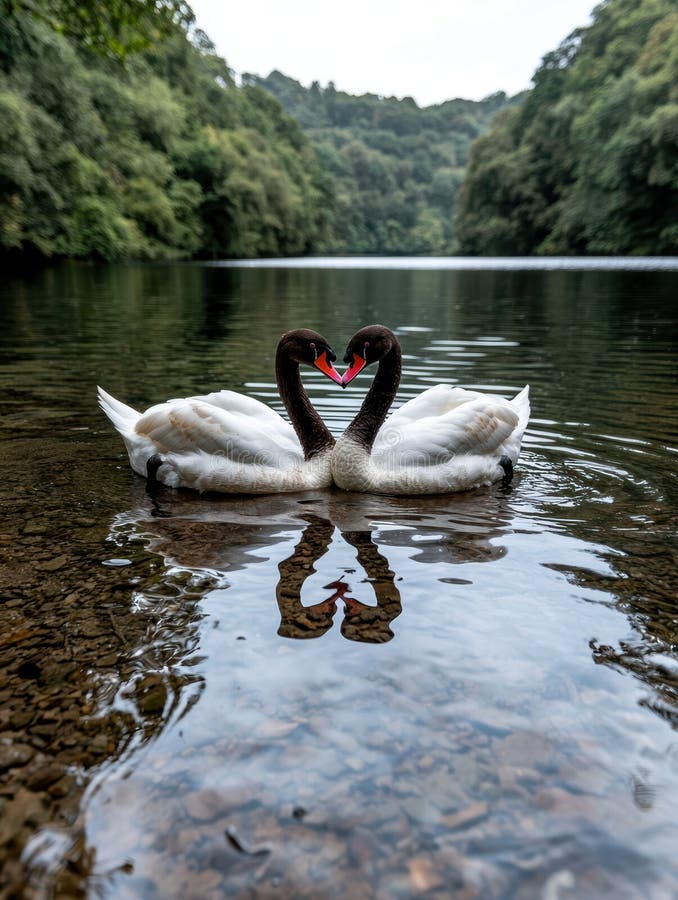 Two Black-necked Swans Forming a Heart Shape with Their Necks on a Lake ...