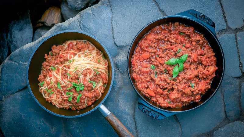 Delicious Spaghetti with Meat Sauce Served in Black Pots on a Stone ...