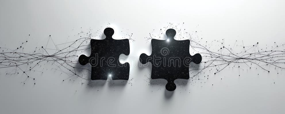 Two Black Puzzle Pieces Connect Against White Background, Linked by ...