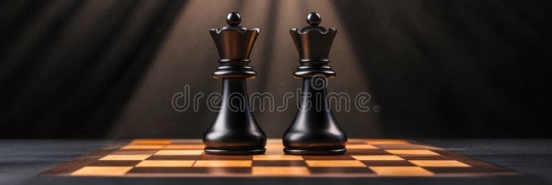 Two Black Queens Standing on Chessboard in Dramatic Lighting Stock ...